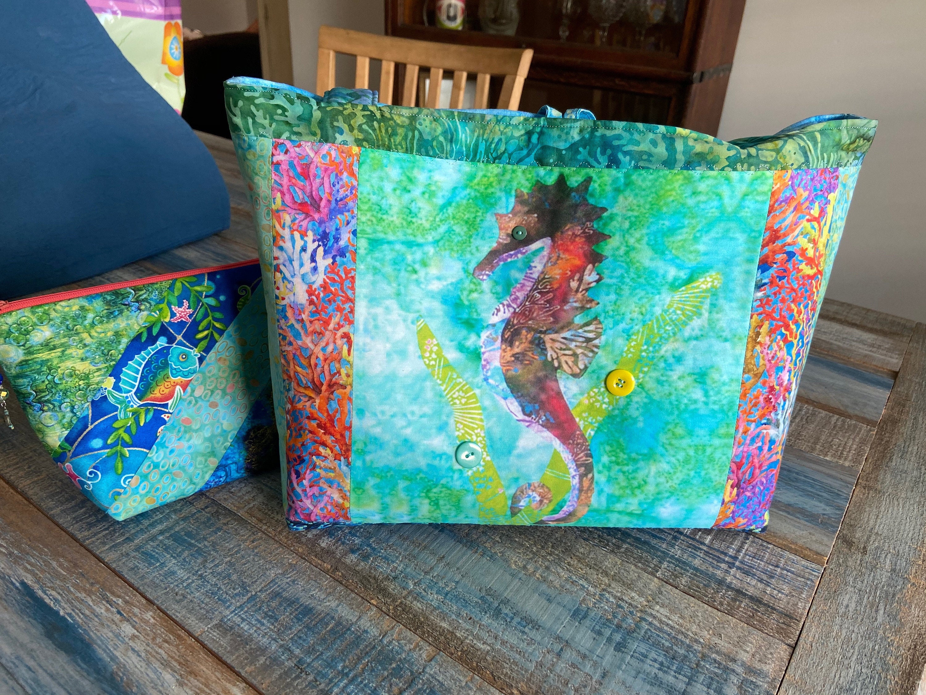 Tropical SEAHORSE Fabric Aqua Ocean Water Quilt Square Panel Hawaii ...