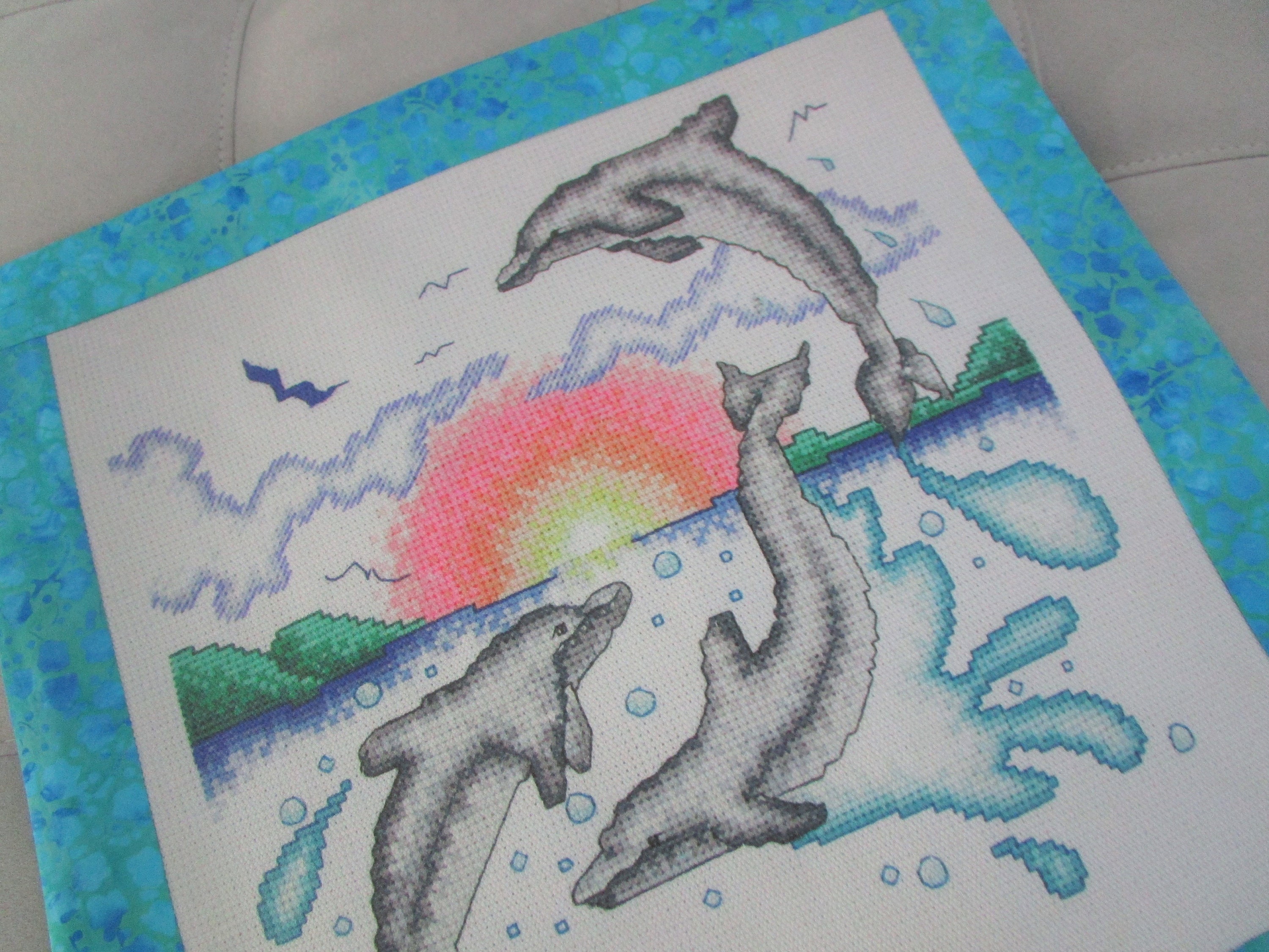 Three DOLPHINS Fabric Quilt Panel Playing at Sunrise Sunset Jumping ...