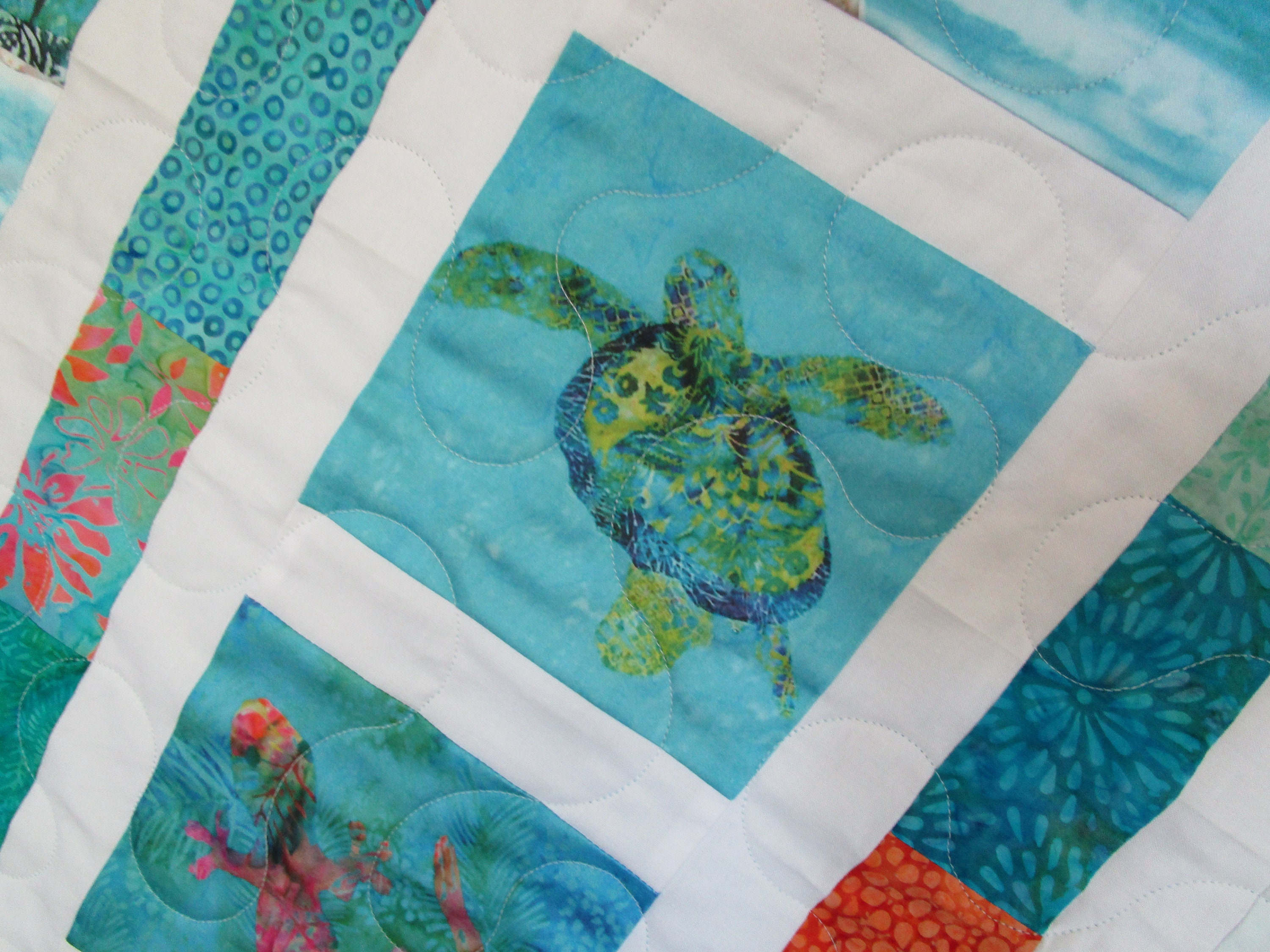 SEA TURTLE Fabric Panel Wholecloth Quilt Top Ocean Beach Uncut Square ...