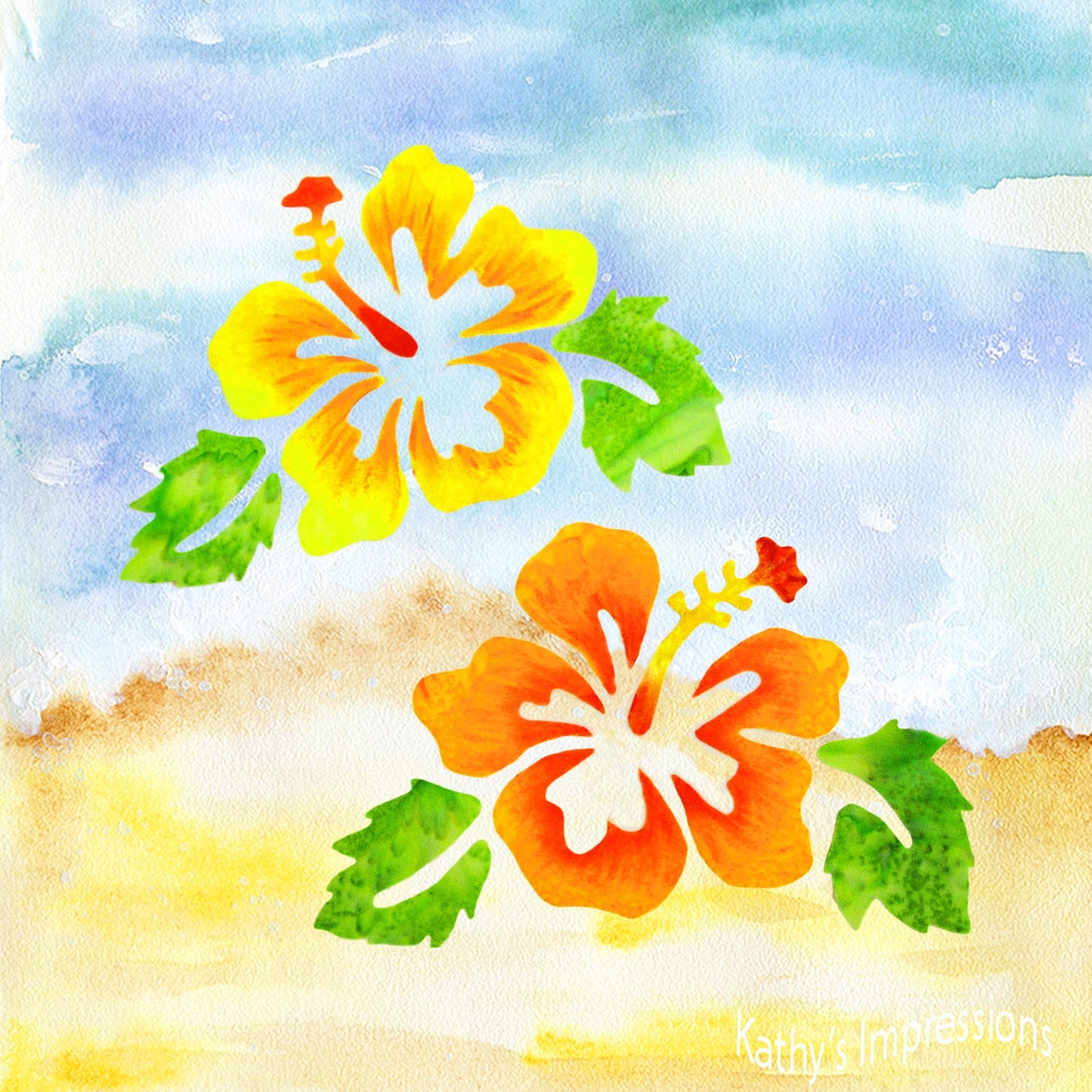 Orange Yellow Hibiscus Flowers Tropical Beach Sand Sky Fabric Quilt ...