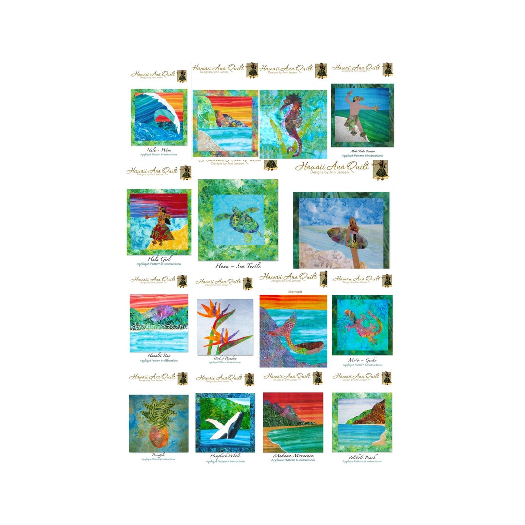 Tropical Hawaiian Quilt Pattern Set of 16~ Sea Turtle Hula Dancer Whale ...