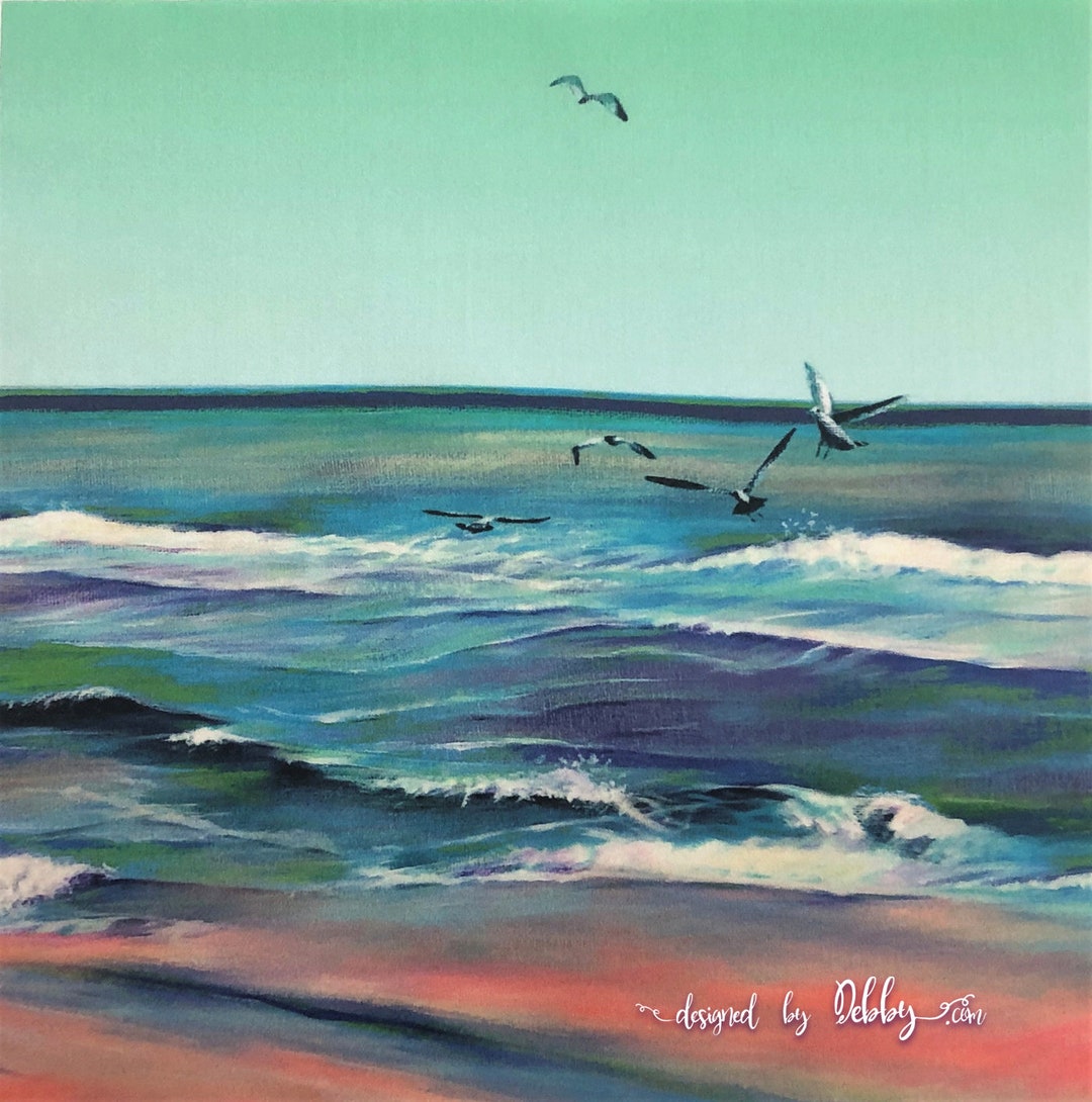 SALE Seashore Tropical Beach Fabric Panel Ocean Seagulls Ombre Green ...