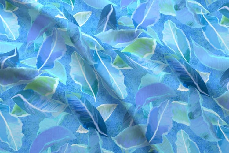 Tropical Leaves OCEANIA Blue Fabric Coastal Aqua Lavender Purple Green ...
