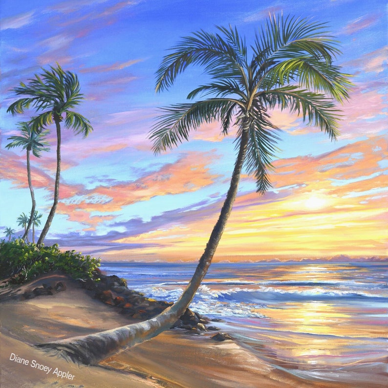 Sunset Palms Tropical Beach Ocean Reflections Palm Trees Fabric Quilt ...