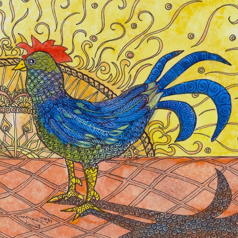 Sunrise Rooster Fabric Quilt Block Sun Beams Blue Feathers Modern ...