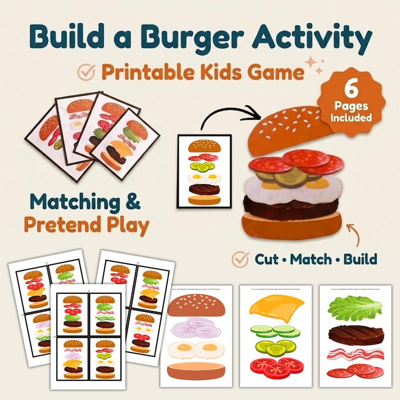 Build a Burger Activity Printable, Food Matching Game, Fine Motor ...