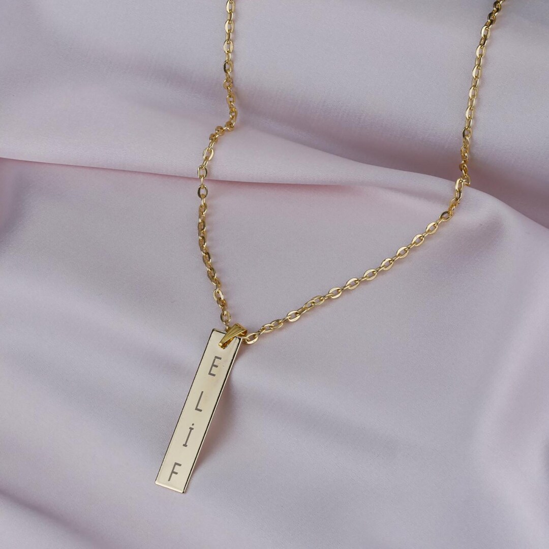 Vertical Gold Bar Name Necklace Custom Engraved 14K Gold Nameplate ...