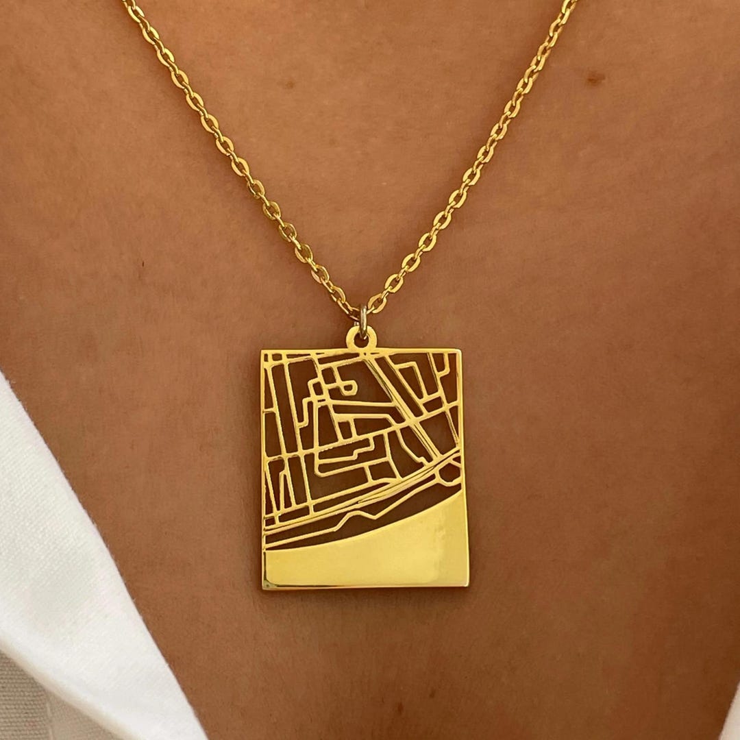 14k Gold Custom Map Necklace, Personalized City Map Pendant ...