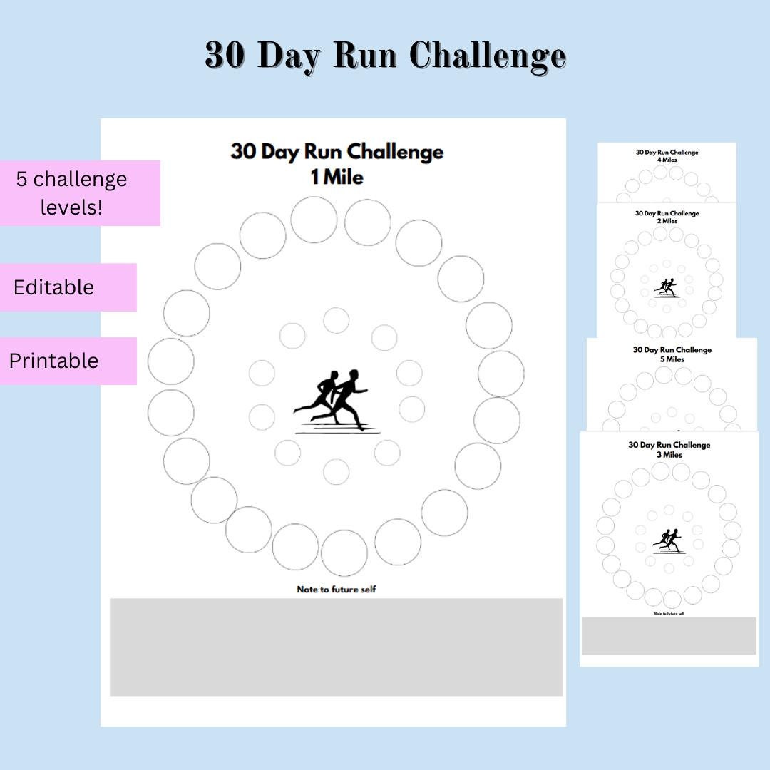 30 Day Running Challenge Printable, 1-5 Mile Run Planner Template ...