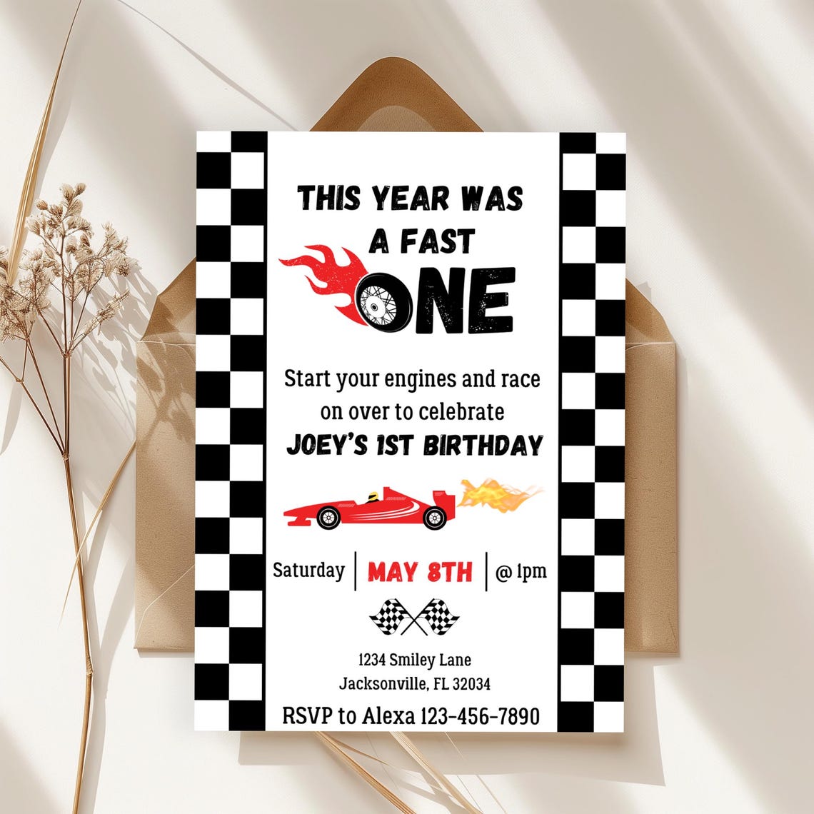 Fast One First Birthday, Racecar-themed Birthday Invitation ...