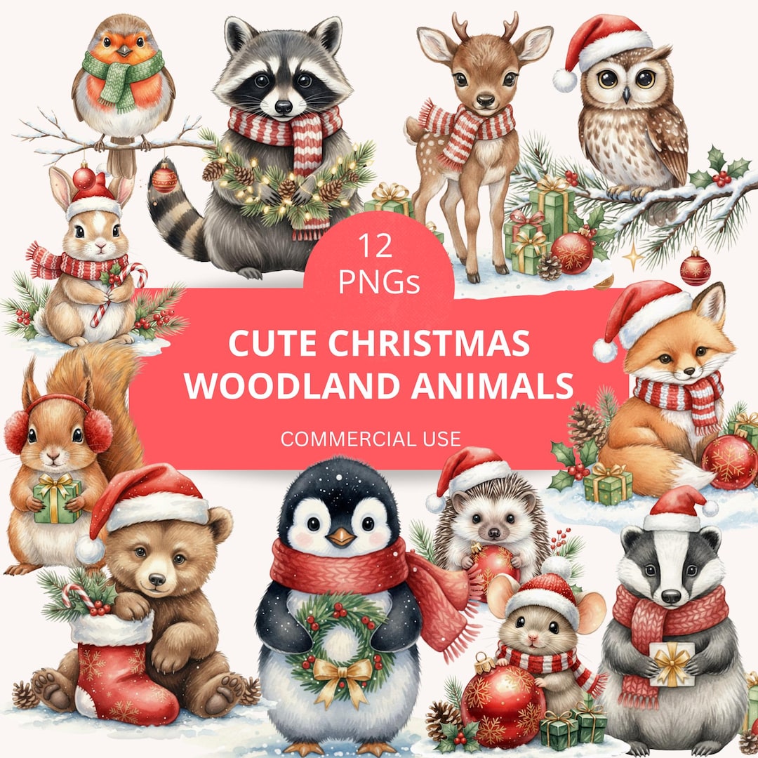 12 Cute Christmas Woodland Animal PNG Bundle – Festive Forest Animal ...