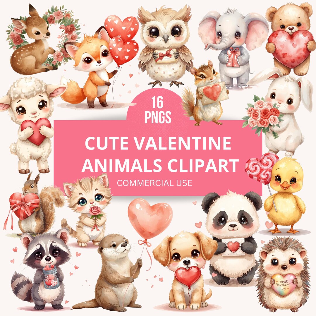 16 Cute Valentine Animals PNG Clipart Bundle | Love Themed Animal Pngs ...