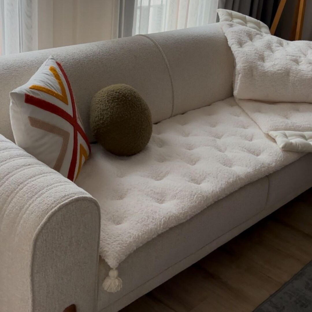 Quilted Linen Couch Cover, Linen Couch Mat, Quilted Linen Sofa Topper ...