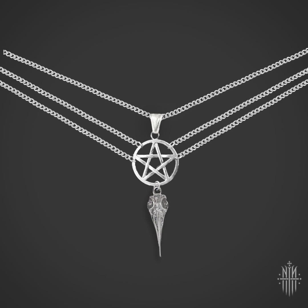 Occult Pentagram Necklace – Stainless Steel Layered Choker With Raven ...