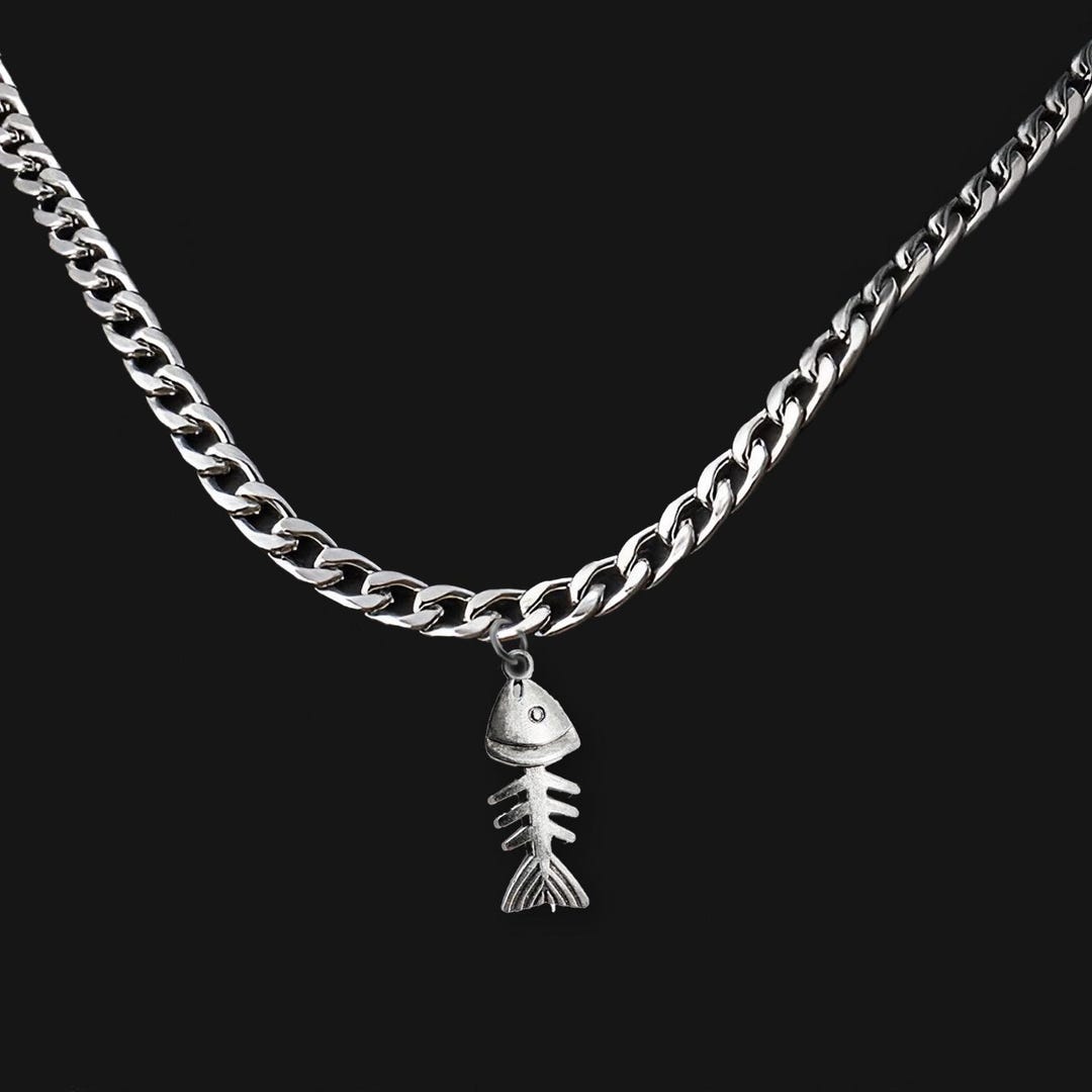 Fishbone Skeleton Charm Necklace Stainless Steel Chain Goth Punk Emo ...