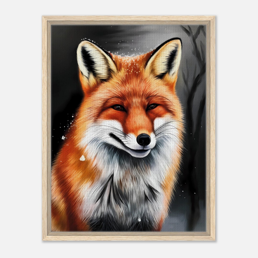 Mystic Fox Wall Art, Framed Canvas Print, Snowfall Fox Artwork, Gray ...