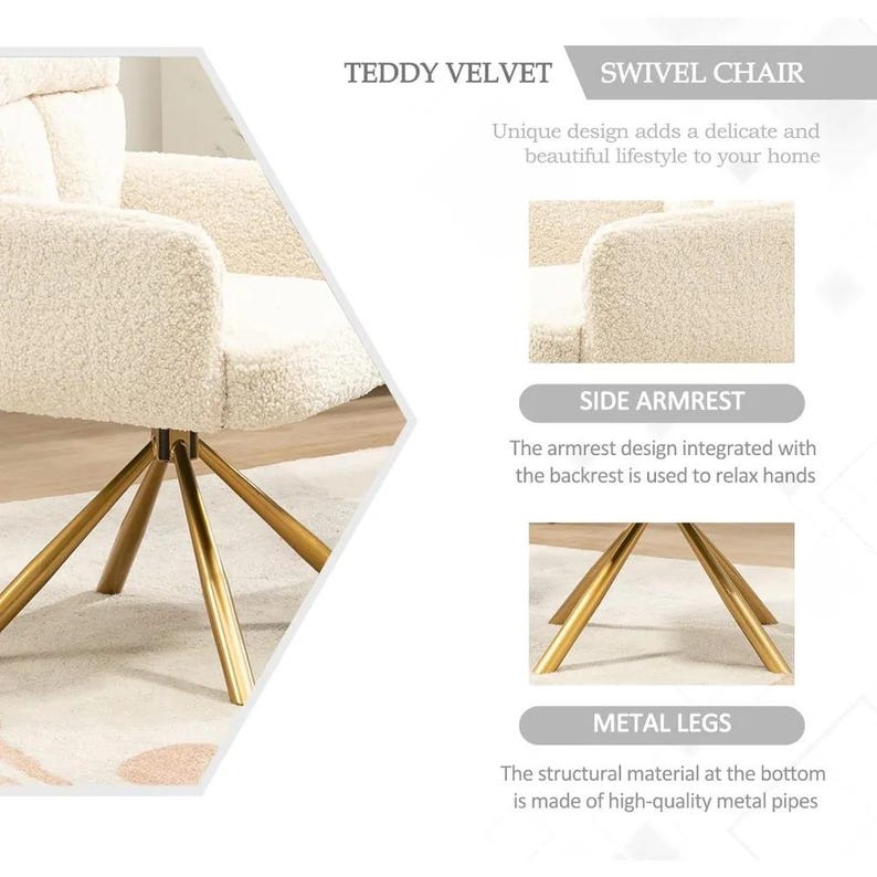 Modern Swivel Vanity Chair: Faux Sheepskin, Gold Legs, No Wheels - Etsy