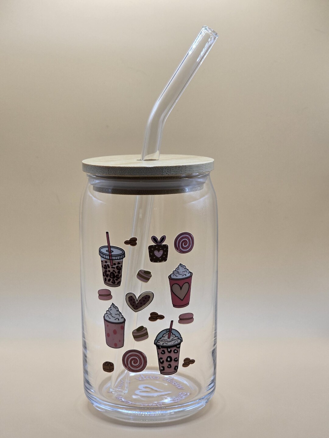 Iced Coffee With Hearts 16oz Glass Cup, With Bamboo Lid and Glass Straw ...