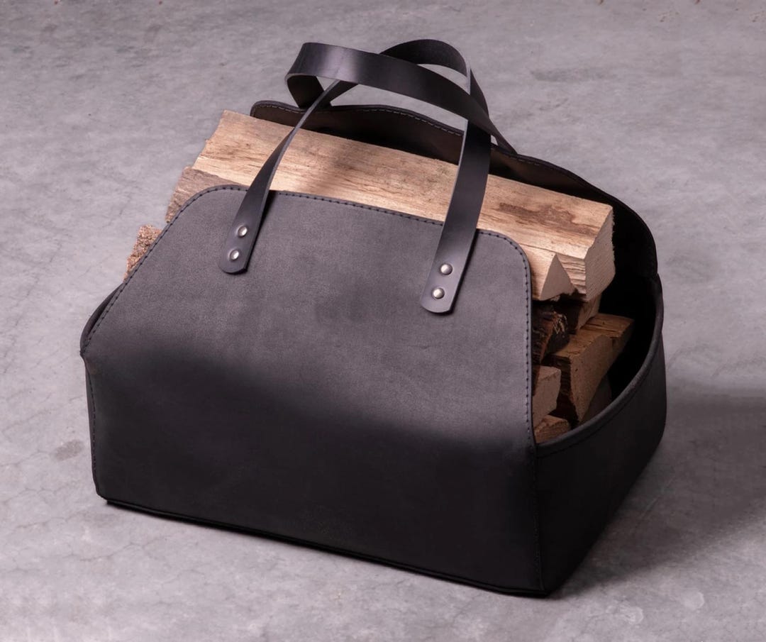 Leather Log Carrier | Monogrammed Leather Firewood Tote | Fire Place ...