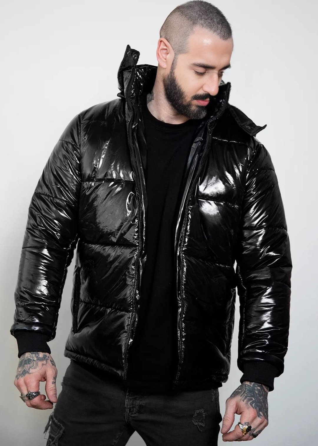 Men's Black Shiny Puffer Jacket With Hood – Sleek, Warm, and Stylish - Etsy
