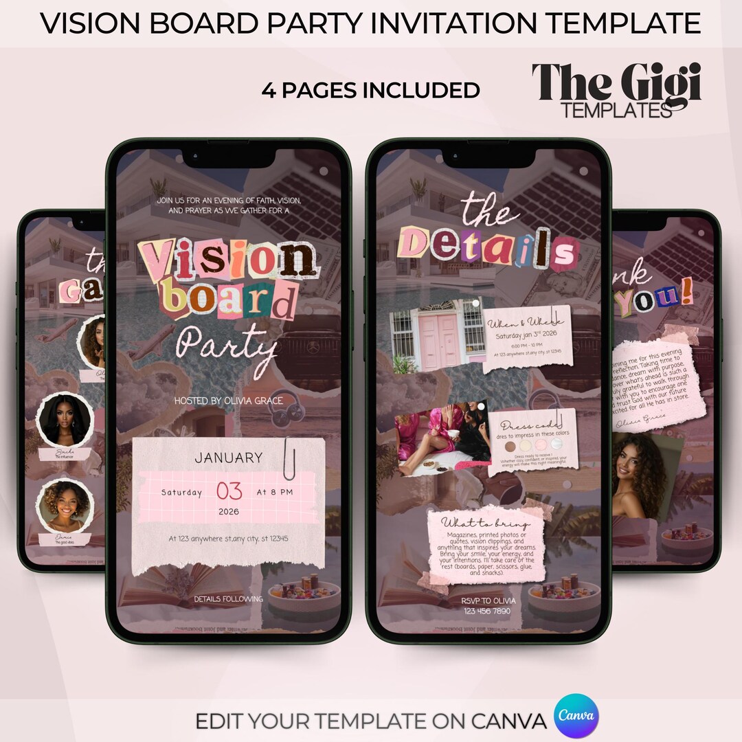 Pink Vision Board Party Invitation Template, New Years Dream Gathering ...