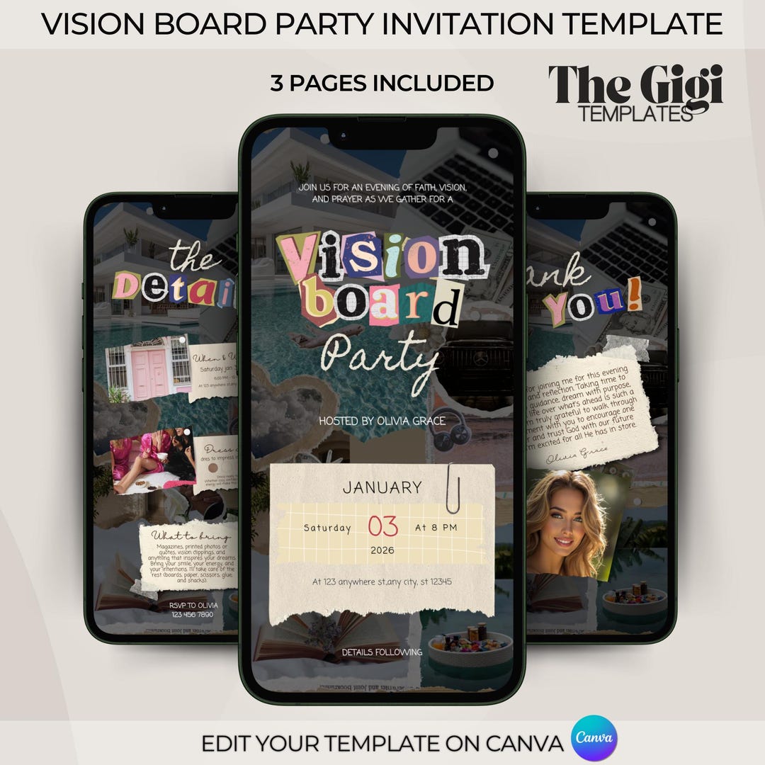 Vision Board Party Invitation Template, New Years Dream Gathering Video ...