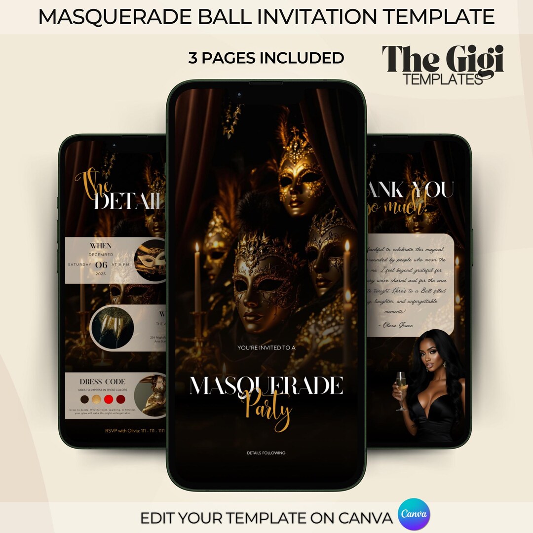 Black & Gold Masquerade Party Invitation, VIP Masquerade Ball Event ...