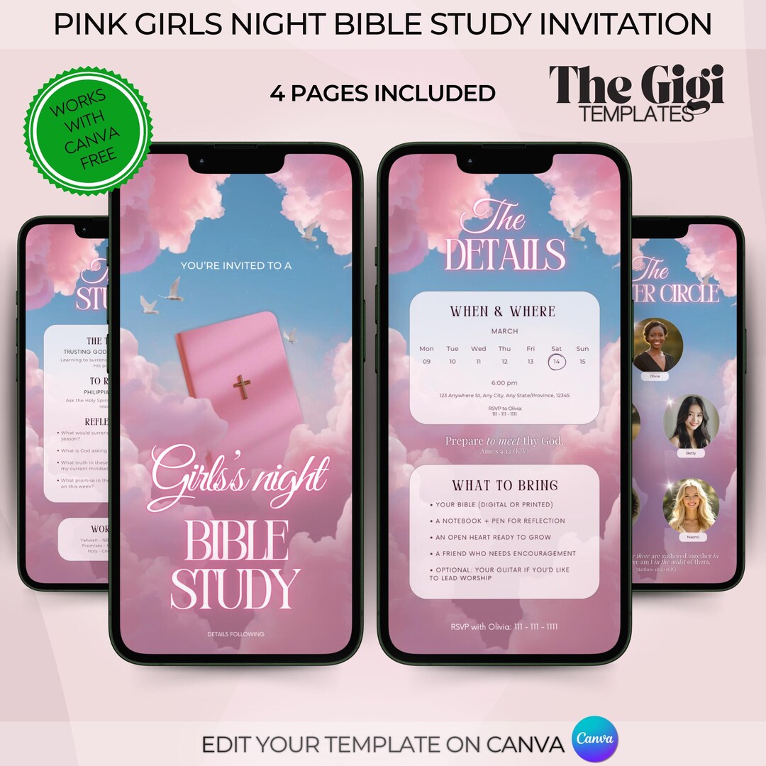 Pink Girls Night Bible Study Invitation, Women’s Fellowship Meeting ...