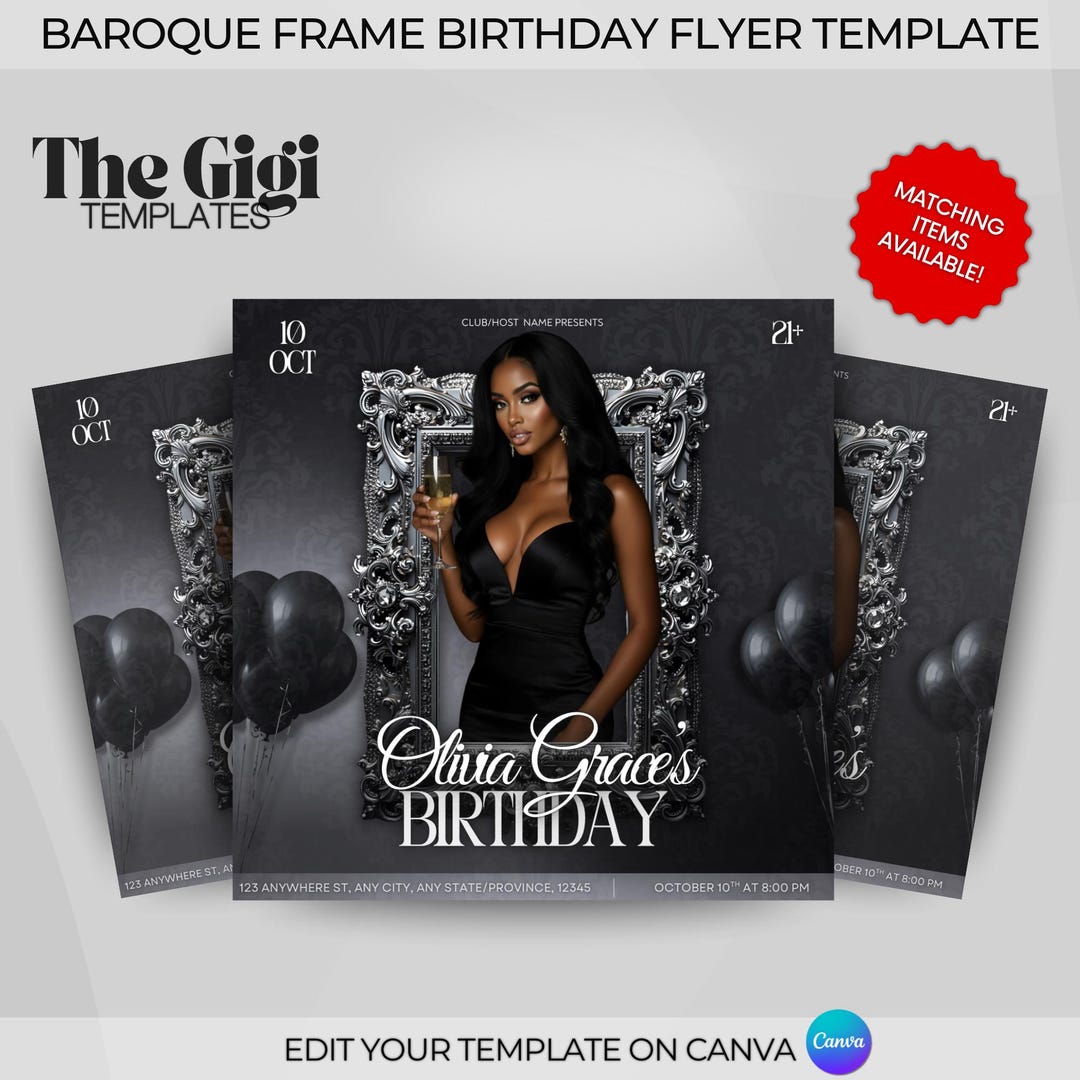 Luxury Silver Frame Birthday Party Flyer, Printable Baroque Event ...