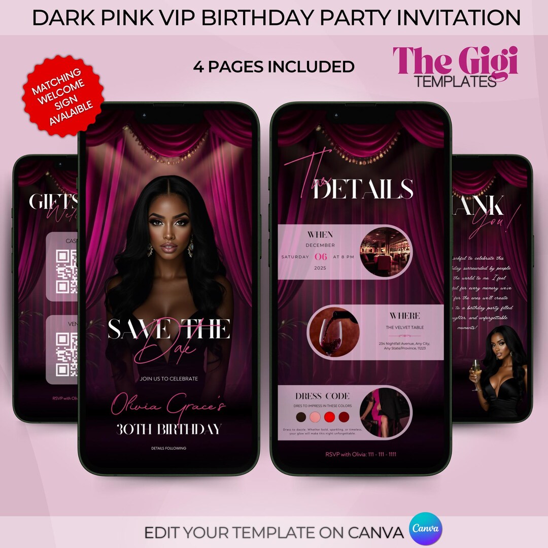 VIP Pink Red Carpet Themed Birthday Party Invitation, Hollywood ...