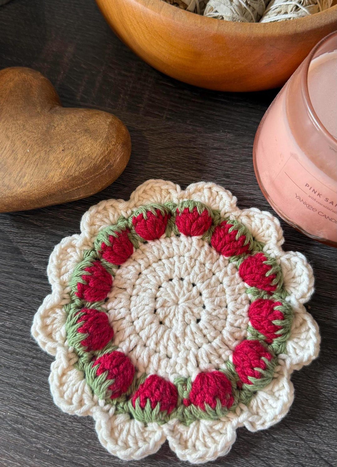 Cottage-core Strawberry Crochet Coaster - Etsy