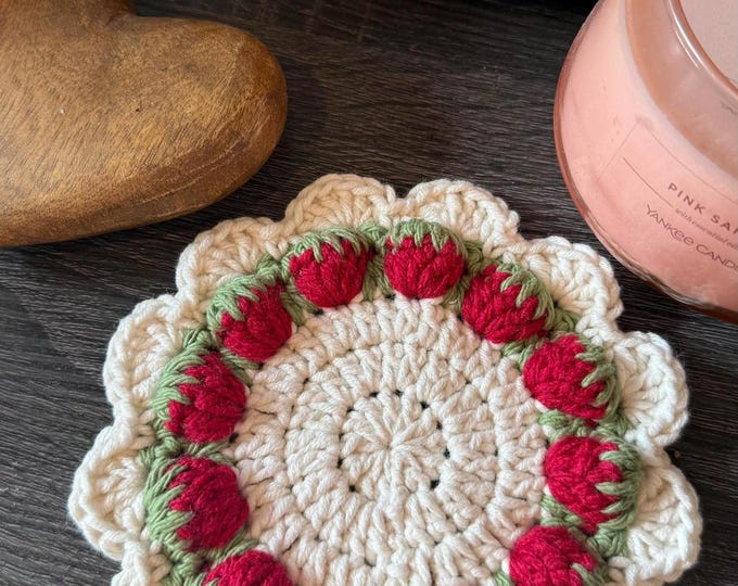 Cottage-core Strawberry Crochet Coaster - Etsy