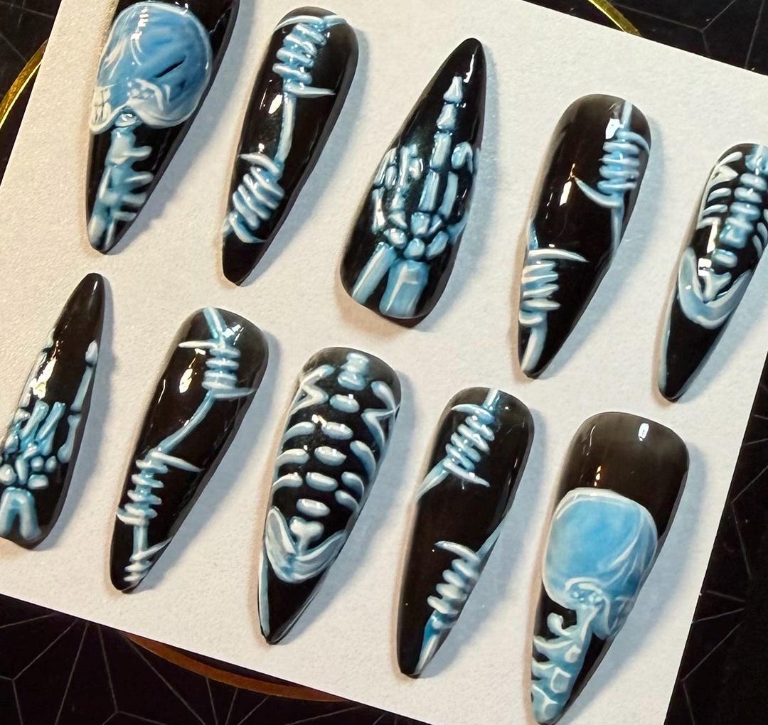 Bones & Barbed Wire Presson Nails-3d Nails,skeleton Press on Nails - Etsy