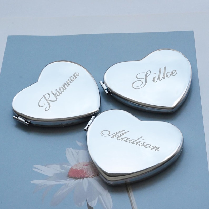 Personalized Engraved Heart Compact Mirror | Custom Silver Makeup ...