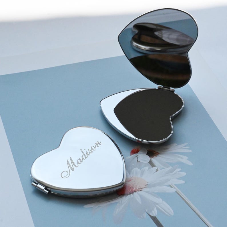 Personalized Engraved Heart Compact Mirror | Custom Silver Makeup ...