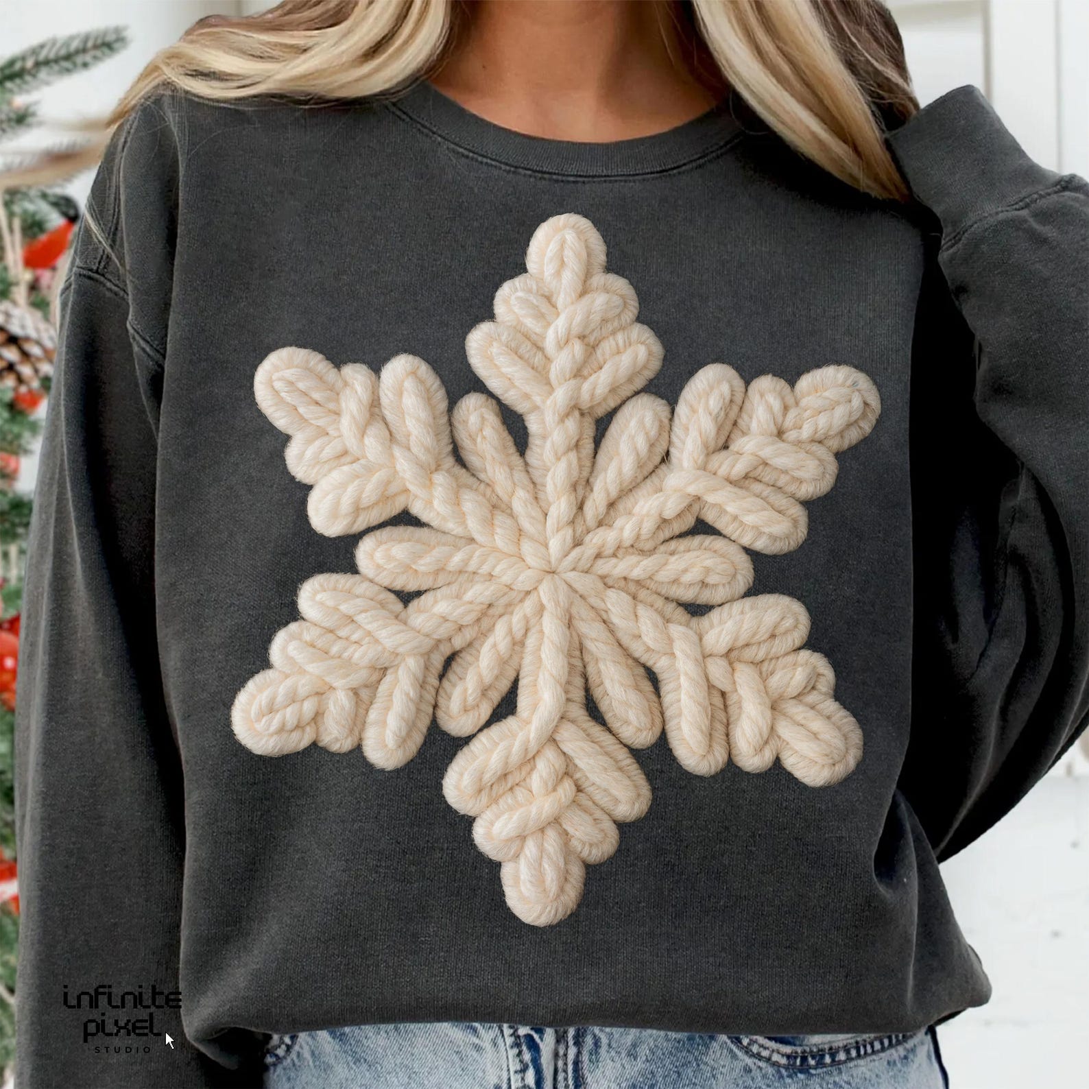 Chunky Yarn Snowflake PNG, Cozy Faux Yarn Winter PNG, Cream Knitted ...