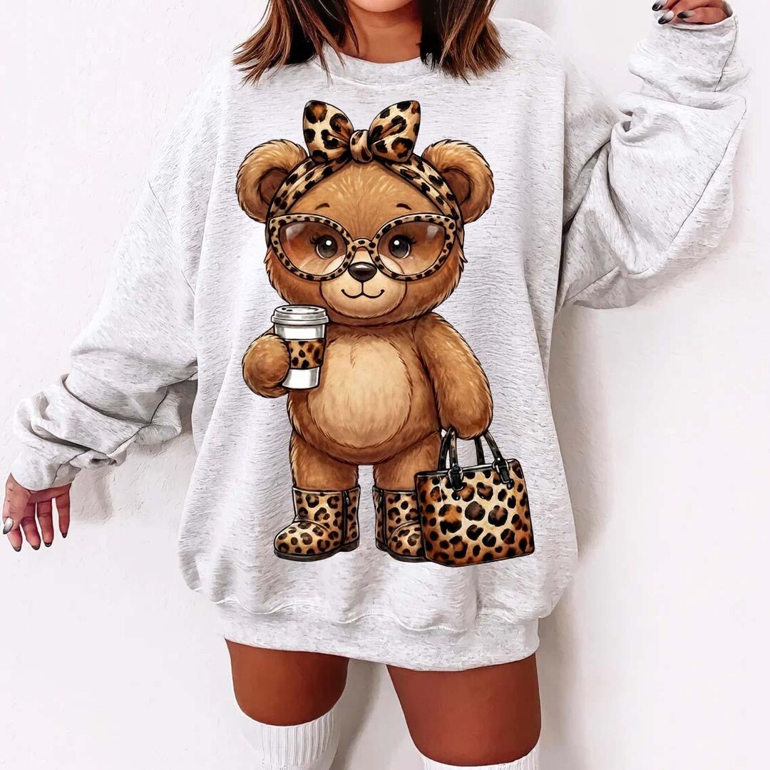 Leopard Print Coffee Bear PNG, Cute Girly Teddy With Glasses and Purse ...