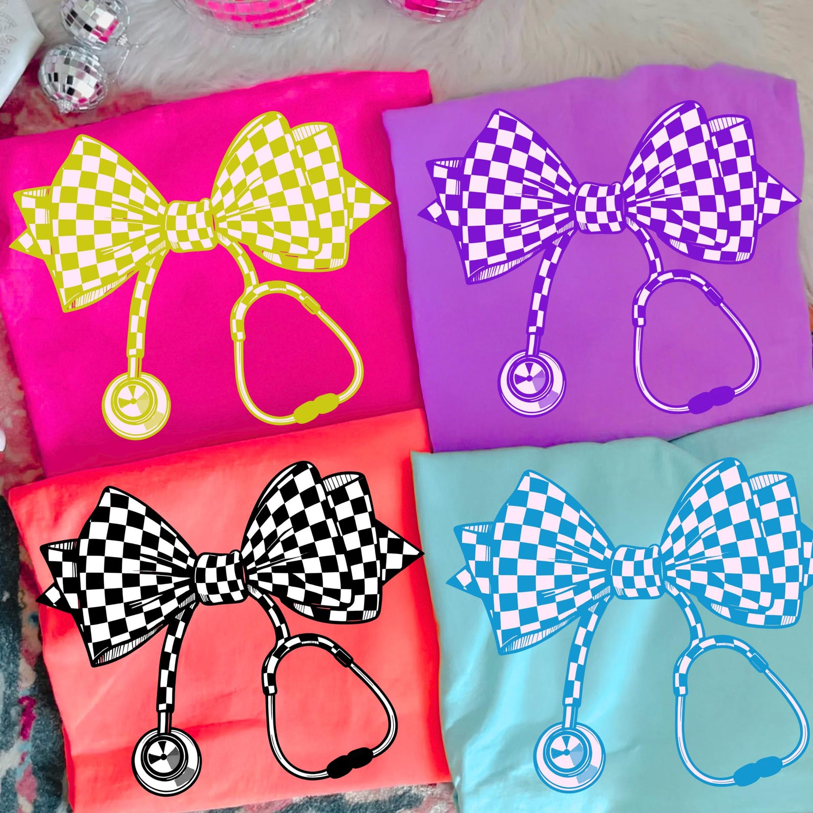 Checkered Nurse Bow PNG, Stethoscope Sublimation for Nurse Shirt, Cute ...