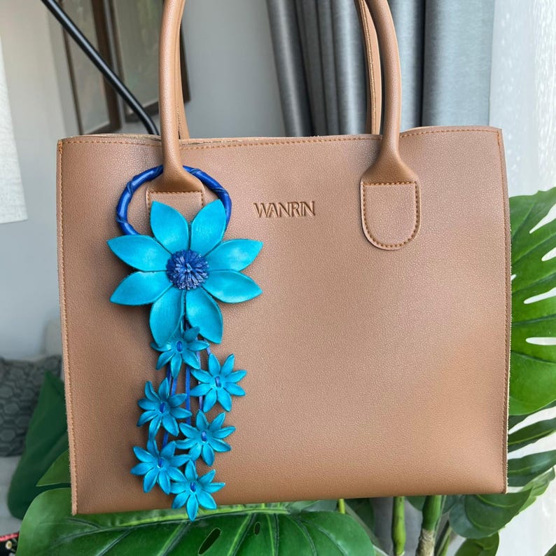 Blue Leather Flower Bag Charm: Handmade Floral Keychain - Etsy