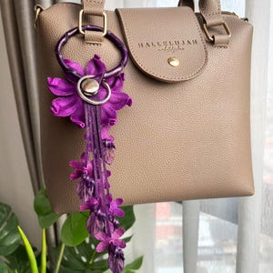 Purple Leather Flower Keychain for Handbag & Purse - Handmade Floral ...