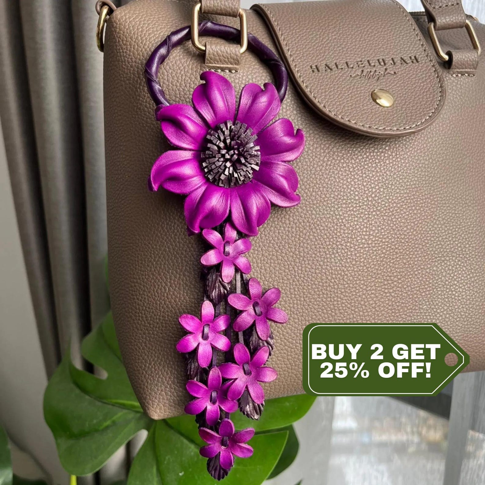 Purple Leather Flower Keychain for Handbag & Purse - Handmade Floral ...