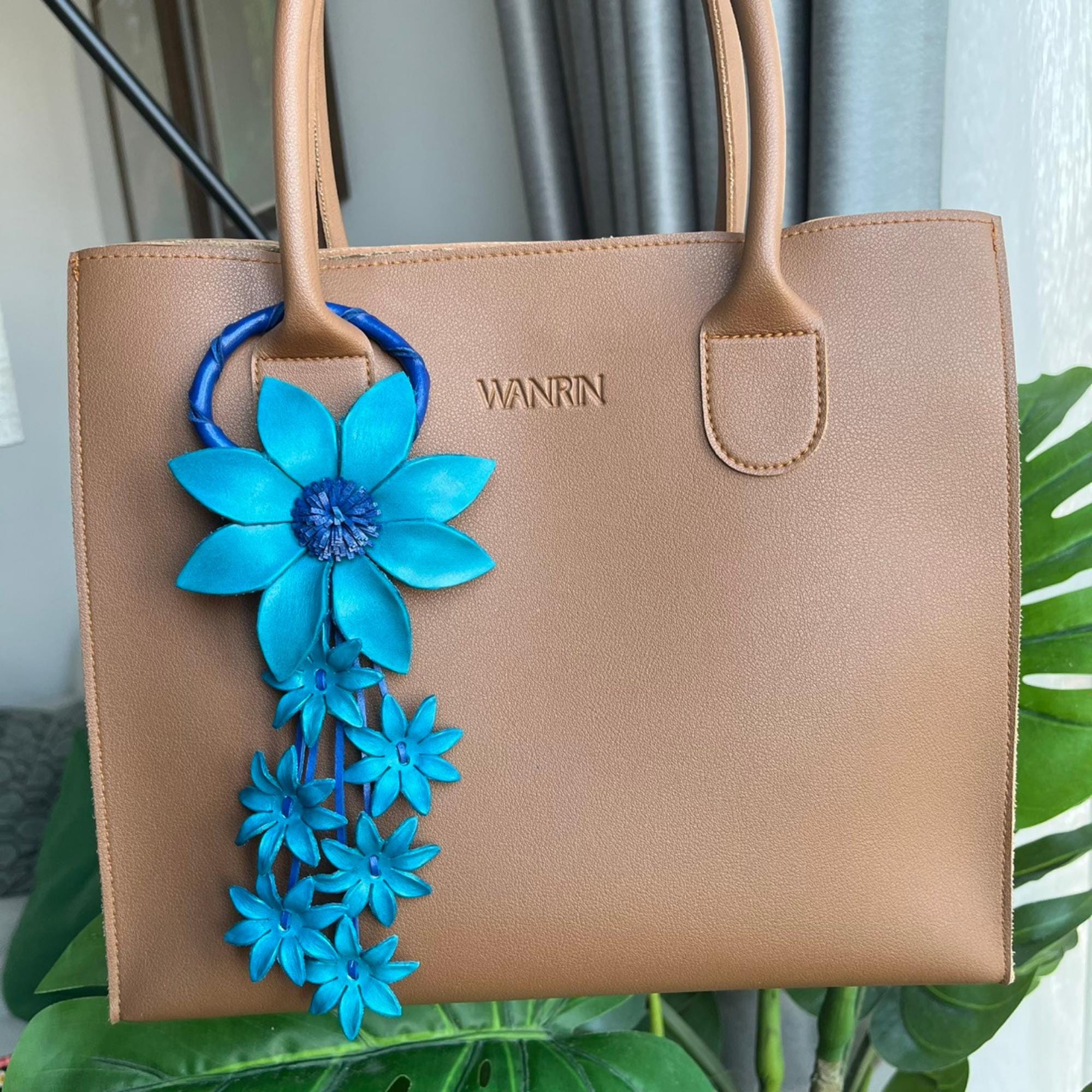 Blue Leather Flower Bag Charm: Handmade Floral Keychain - Etsy