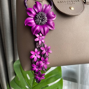 Purple Leather Flower Keychain for Handbag & Purse - Handmade Floral ...