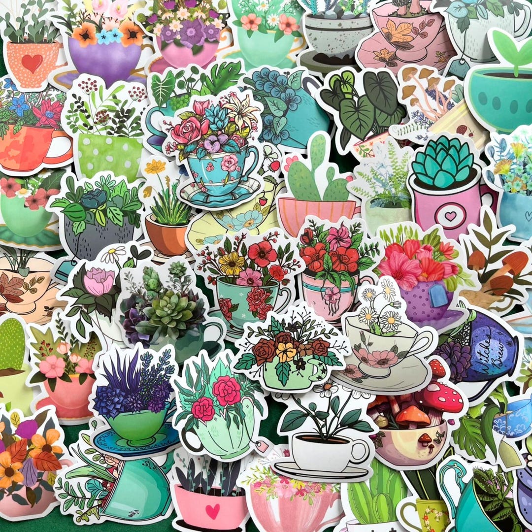Tea Cup Plant Stickers | Cute Floral & Succulent Vinyl Set | Random ...
