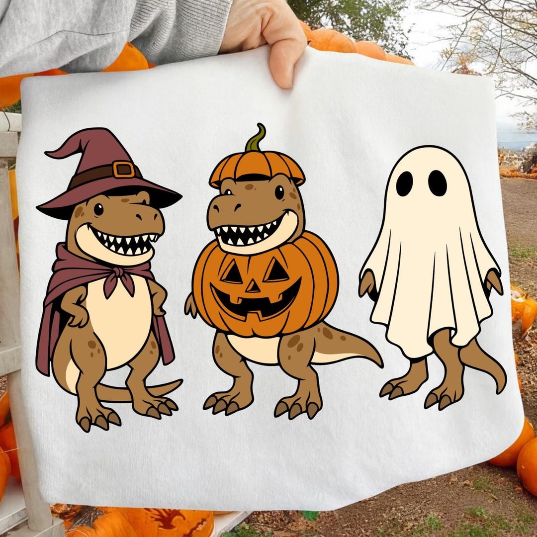 Spooky Dinosaurs Halloween PNG SVG | Retro Pumpkin Witch & Ghost Design ...