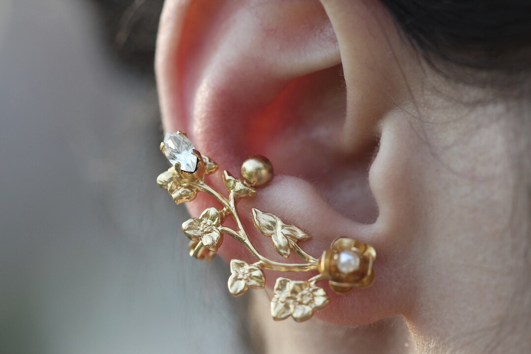 Preorder * Angela Ear Cuff, Flower Crystal Earring, Gold Ear Climber ...