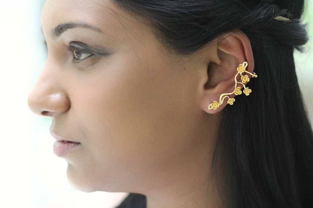 Sakura Cherry Blossom Floral Ear Cuff Earring Gold Plated Ear Climber Huggie Ancient Greek ...