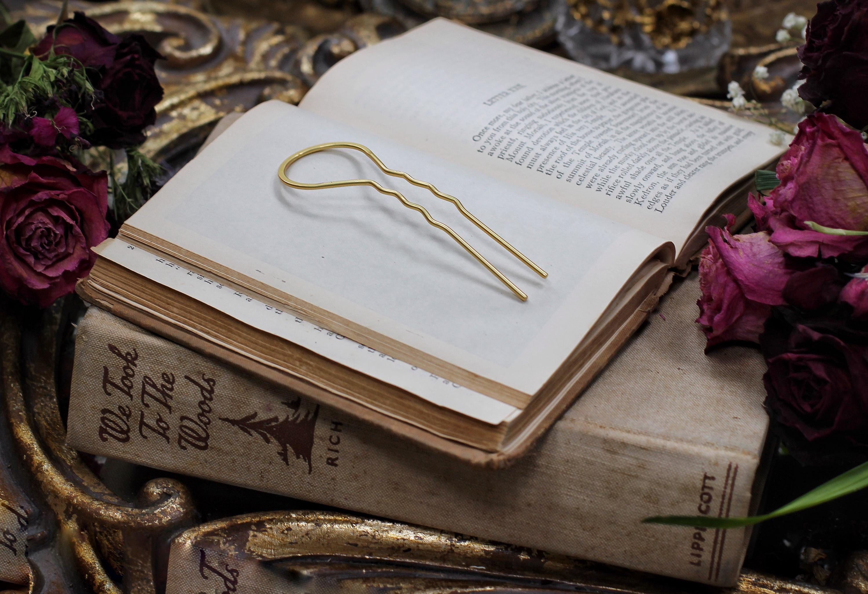 Two Teeth Long Hair Prong Tree Gold Simple Hair Pin Bun Updo Stick Gold ...