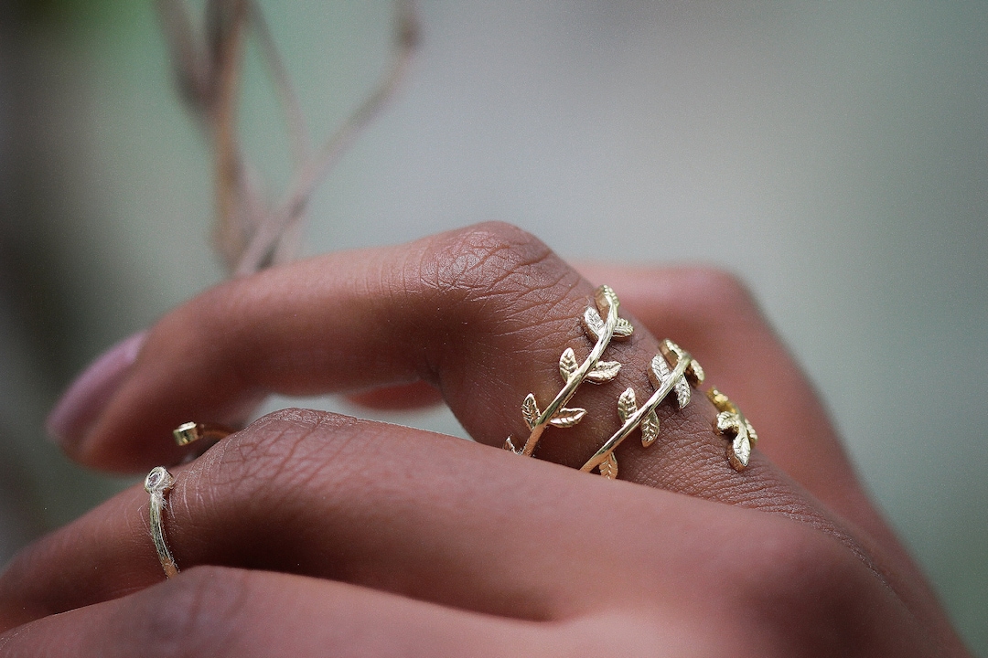 Full Twigs Swirl Ring Leaves Rose Gold Leaves Ring Leaf Knuckle Ring Silver Leaves Adjustable ...
