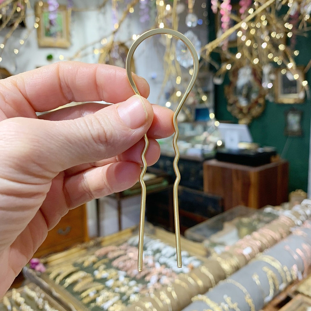 Plain Two Teeth Long Hair Prong Gold Simple Hair Pin Bun Updo Stick ...